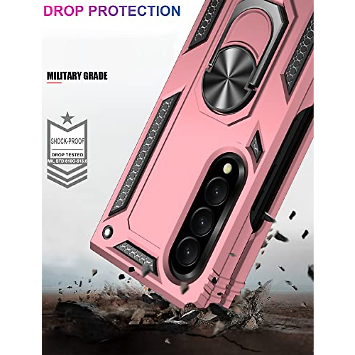 IKAZZ Galaxy Z Fold 3 Case,Samsung Z Fold 3 Cover Military Grade Shockproof Heavy Duty Protective Phone Case Pass 16ft Drop Test with Magnetic Kickstand for Samsung Galaxy Z Fold 3 Rose Gold