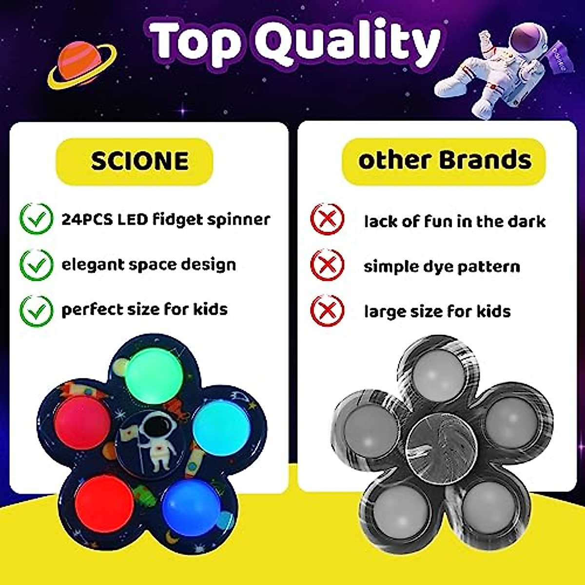 SCIONE 24 PCS Space Theme LED Light Up Fidget Spinner Toys, Party Favors for Kids 4-8 8-12, Birthday Valentines Day Gifts Goodie Bag Treasure Box Toys for Classroom, Glow in The Dark Sensory Toys