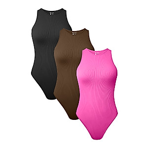 OQQ Women's 3 Piece Sexy Ribbed Sleeveless One Halter Neck BodySuit, Black Coffee Rose, Large
