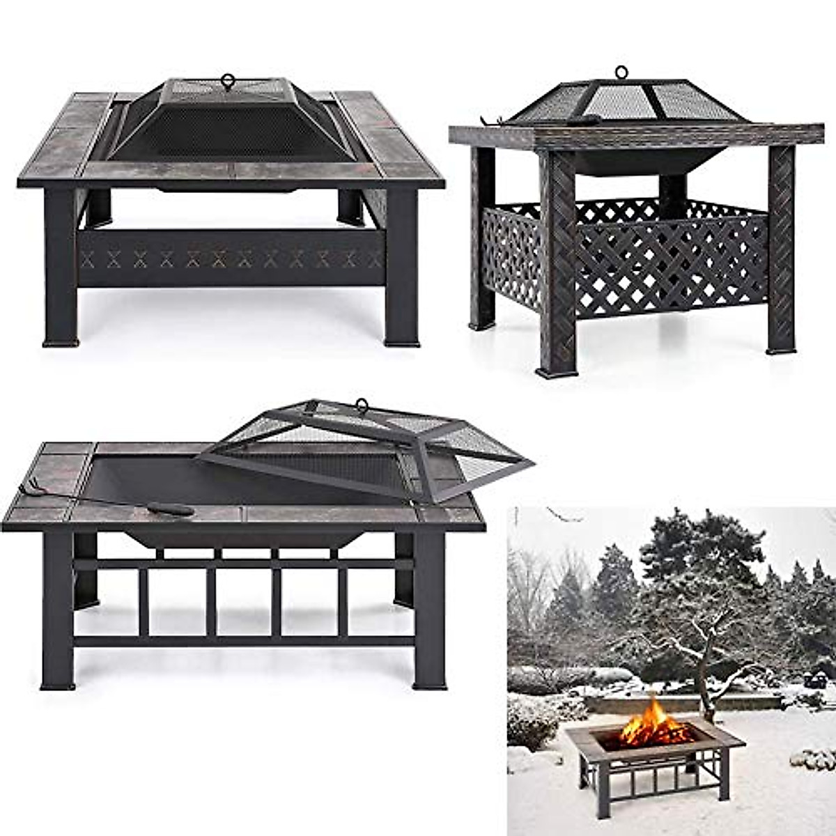 LEAYAN Garden Fire Pit Grill Bowl Grill Barbecue Rack Outdoor Fire Pit Table, Multifunctional Garden Terrace Fire Bowl with Stainless Steel Grill and Log Poker, for Outdoor Patio Fire Pits