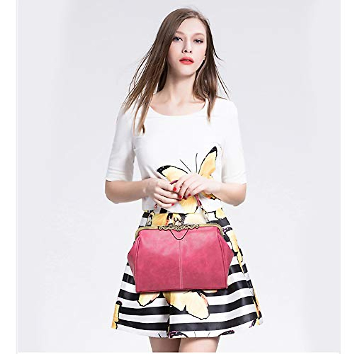 Women Vintage Small Retro Handbags Kiss Lock Crossbody Purse Frosted Leather Messenger Bag Tote