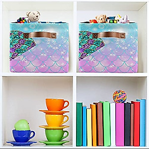 Rectangular Storage Basket Storage Bin - Mermaid Fish Scale Collapsible Storage Box with Leather Handles Shelf Basket Organizer for Home,Office,Nursery,Dorm,Shelf