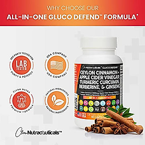 Clean Nutraceuticals Ceylon Cinnamon 3000mg Turmeric 3000mg Apple Cider Vinegar 3000mg Ginseng 2000mg Berberine 1200mg Plus Bitter Melon Gymnema Milk Thistle Fenugreek
