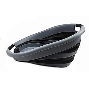 SAMMART 36L (9.5 gallon) Collapsible Plastic Laundry Basket - Oval Tub/Basket - Foldable Storage Container/Organizer - Portable Washing Tub - Space Saving Laundry Hamper, Water Capacity: 28L (7.4 gallon) (1, Grey/Black)