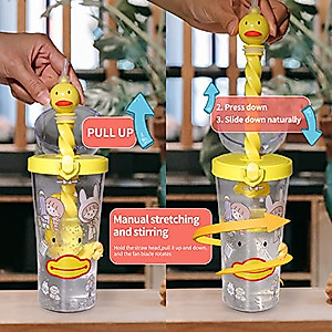 Cute Water Bottles with Straw, Kawaii Shaker Bottle Transparent Creative Bear Duck Pig Cat Handy Cup with Action-Rod for School Kids Girls with Hand Strap & Stickers, 500ML Yellow