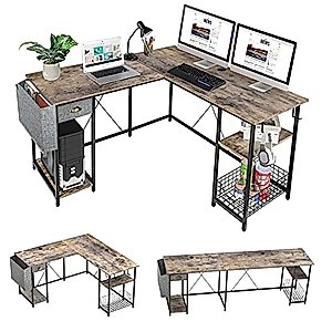 X-cosrack 88.5inch L-Shaped Computer Desk with Storage Shelves Drawer, Home Office Writing Corner Desk, 2 Person Long Desk PC Laptop Workstation with Hooks Storage Bag Cable Hole