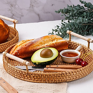 Woven Serving Tray, Rattan Round Tray, Wicker Serving Basket with Wooden Handles (12.6 inch / 32cm)