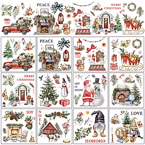 Whaline 12 Sheets Christmas Rub on Transfers Classic Watercolor Santa Snowman Gnome Transfer Stickers Winter Floral Bird Furniture Decals for Home Office Paper Wood DIY Crafts, 5.9 x 5.9 Inch