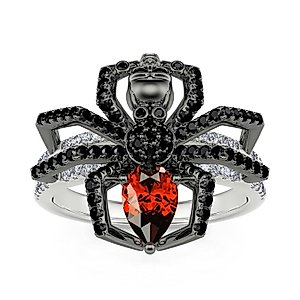 Jeulia Spider Skull Biker Black Ring Women Men Halloween Tone Pear Cut Sterling Silver Red Diamond Band Rings Black Plated Promise Rings with Jewelry Gift Box for Men(Black, 11)