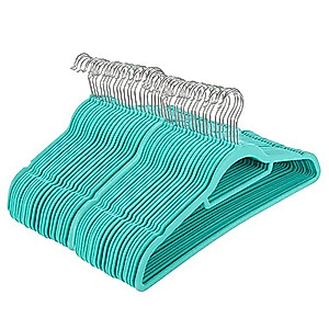 50 Pack Slim Non Slip Teal Velvet Hangers with Cascading Hooks for Clothes, Shirts, Suits, Dresses, Coat, Pants, Heavy Duty Durable Hangers, Lightweight, Space Saving (18 In)