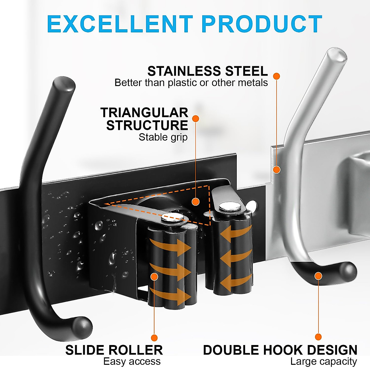 BEIUTAO Broom Holder Over the Door, Stainless Steel Heavy Mop and Broom Holder Wall Mount, Over the Door Hooks for Garage Closet Laundry - 4 Racks with 5 Hooks, Black