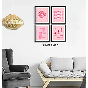 Hot Pink Howdy Western Cowgirl Boots Hats Bull Skull Disco Ball Poster Prints for Home Girls Room Dorm Decor,Preppy Decorations Prints Wall Art Unframed 4pcs 8x10 Inches,Teen Girls Cowgirls Gifts