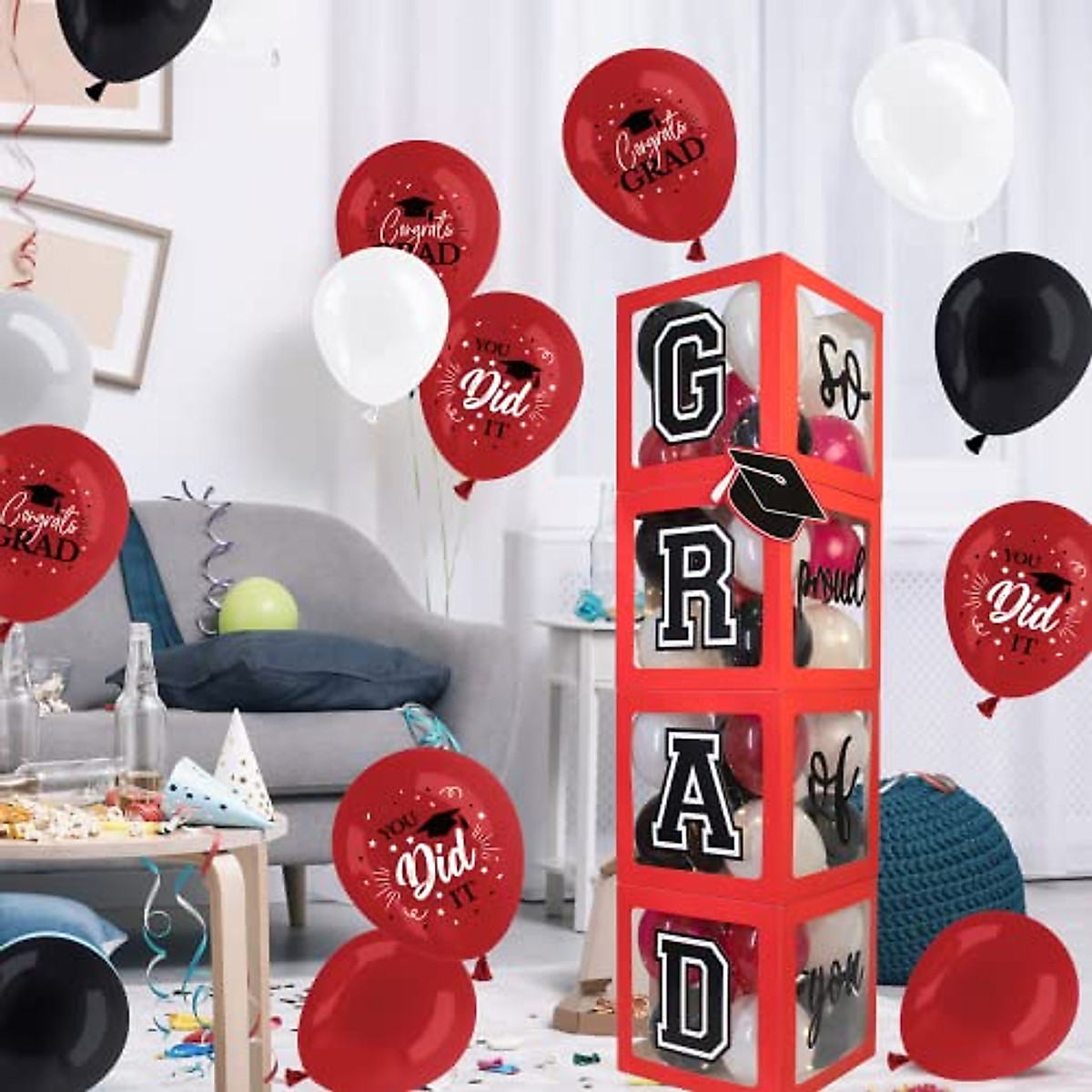 DAZONGE Graduation Party Decorations 2023 - Set of 4 Red Balloon Boxes with 40 Latex Graduation Balloons & 4 Light Strings - So Proud of You Graduation Decorations for Any Grades Ceremony