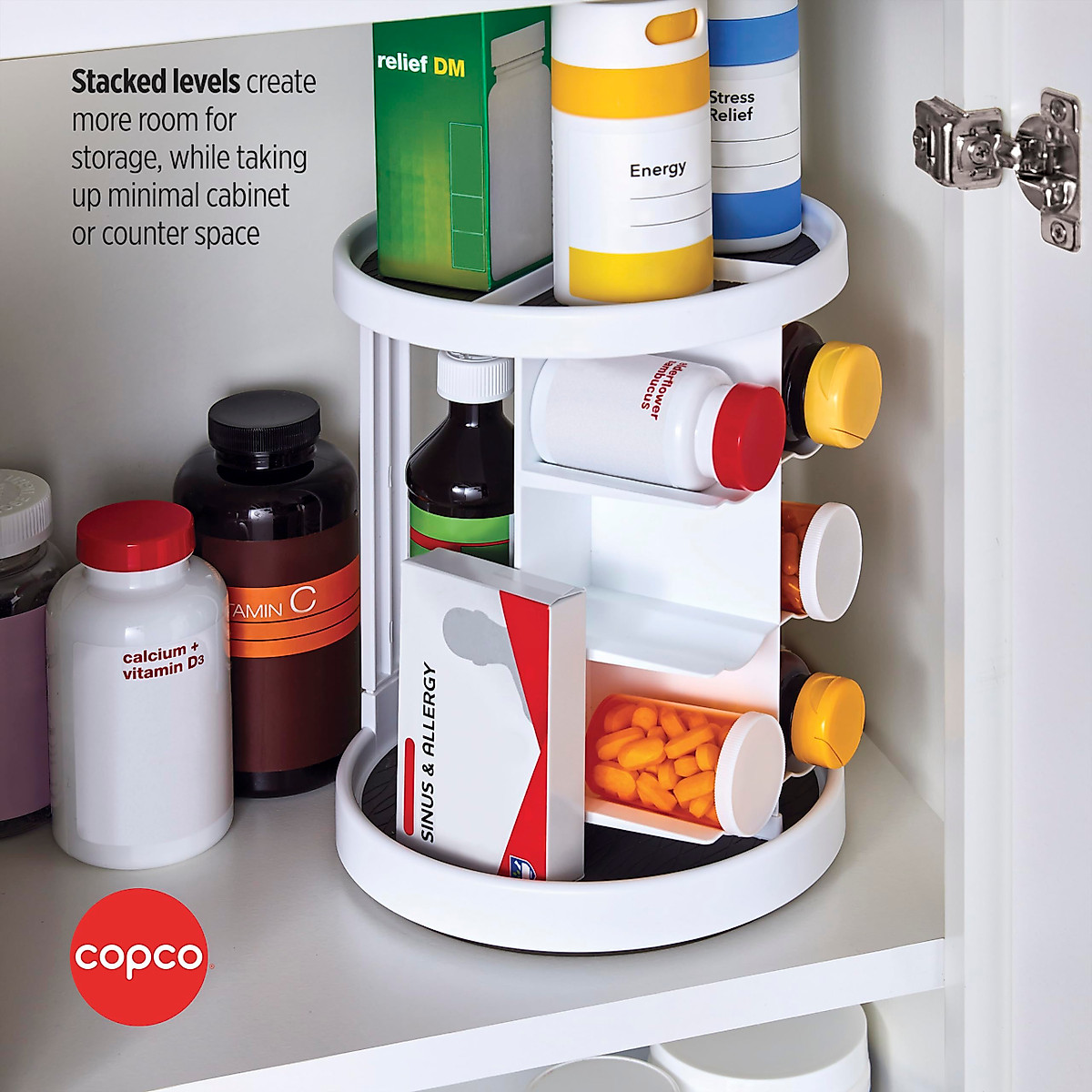 Copco White and Gray 2 Tier Vitamin Turntable with 6 Cradles for Vitamins, Supplements, ect with Non Slip Grip and Stacked Layers for Spae Saving