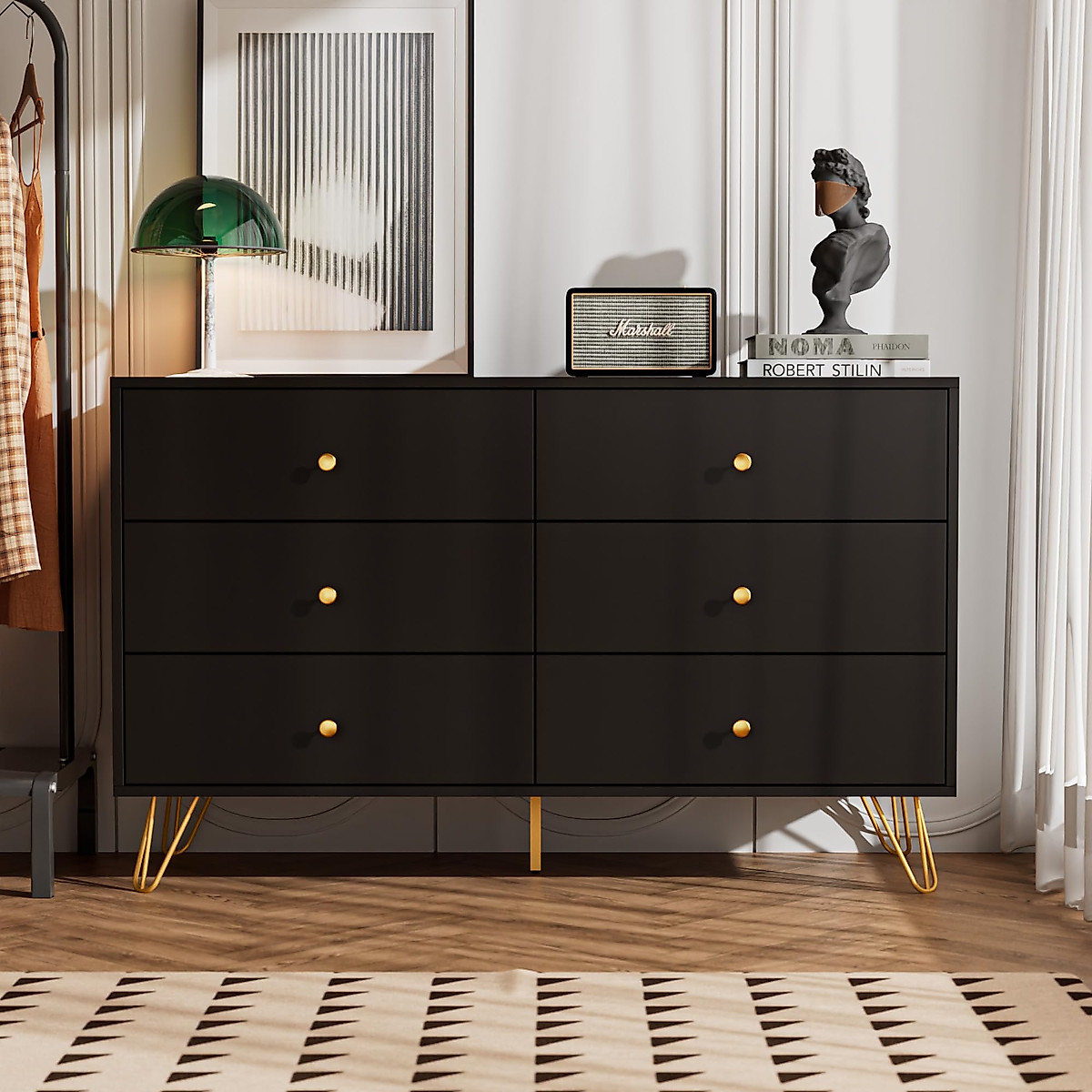 Tradare 6 Drawer Dresser and Night Stand Sets for Bedroom, Two Drawers Nightstand Set of 2 & 6 Drawer Dresser with Gold Handle, Modern Black and Gold Dresser Set