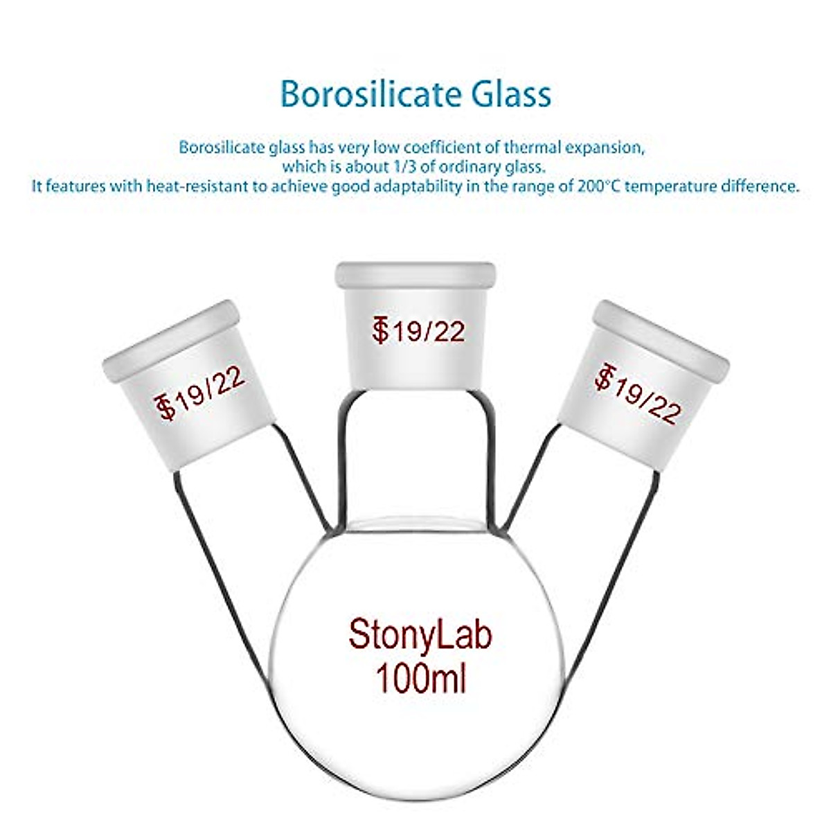 stonylab Glass 100 mL Heavy Wall 3 Neck Round Bottom Flask RBF, with 19/22 Center and Side Standard Taper Outer Joint, 100 mL