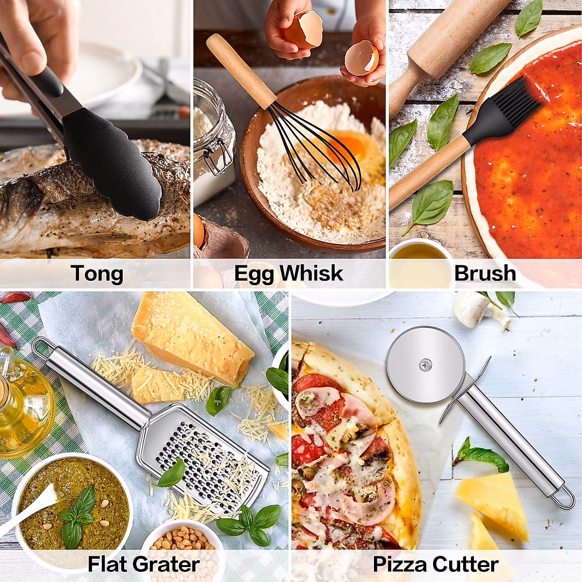 LIANYU 30 PCS Silicone kitchen Cooking Utensils Set with Holder, Heat Resistant Kitchen Essentials Utensils Set Wooden Handle, Cooking Tools Set Including Tuner, Spatula, Spoon, Ladle, Black