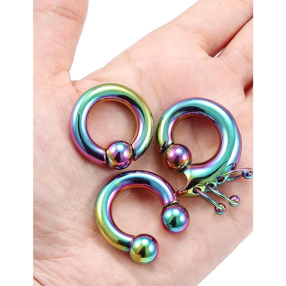 Tvalccoy 2g 2 Gauge Big Heavy Nose Septum Hoop Ring Ear Earrings Stretching Kit for Men Rainbow Surgical Stainless Steel Captive Bead Prince Albert Pa Piercing Jewelry