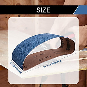 Aolabela 3x21 Inch Sanding Belts 21 Pcs 7 Grits Sizes (3 Each of 40/60/80/120/150/240/400 Grits) Heavy Duty Belt Sander Zirconia Belt Sander Paper for Wood, Metal, Stainless Steel, Cars, and Furniture