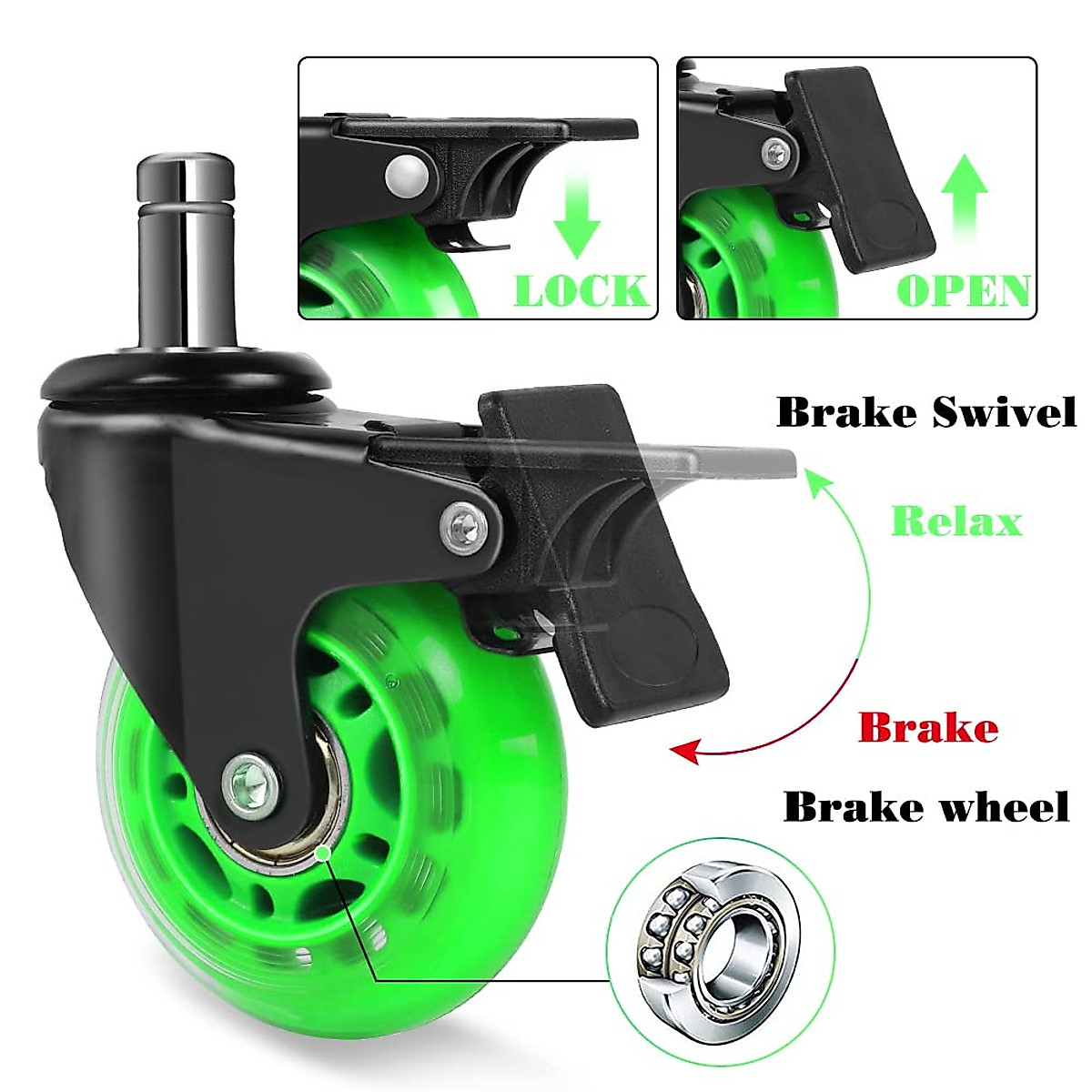 Office Chair Wheels With Brake Replacement Rubber Desk Chair Casters-Protection for Hardwood Floors and Carpet-Set of 5-Heavy Duty Office to Replace Office Chair Mats-Universal Fit-Green(C-50)
