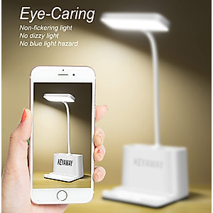 LED Desk Lamp with Pen & Phone holder, USB Rechargeable Book Reading Light,Eye-Caring Study Lamp for Kids, Touch Table Lamp with Flexible Gooseneck for Home,Office,3 Color Modes & Stepless Dimming