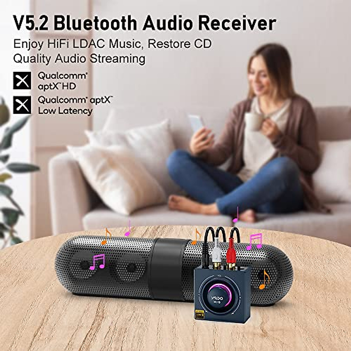 YMOO B06T3+ Bluetooth 5.2 Receiver,LDAC Aptx SBC AAC Bluetooth Audio Adapter for Home Stereo,30ms Low Latency, RCA 3.5mm Jack aux HiFi for Speaker/Older Stereo/Amplifier from Phone/Tablet/Laptop