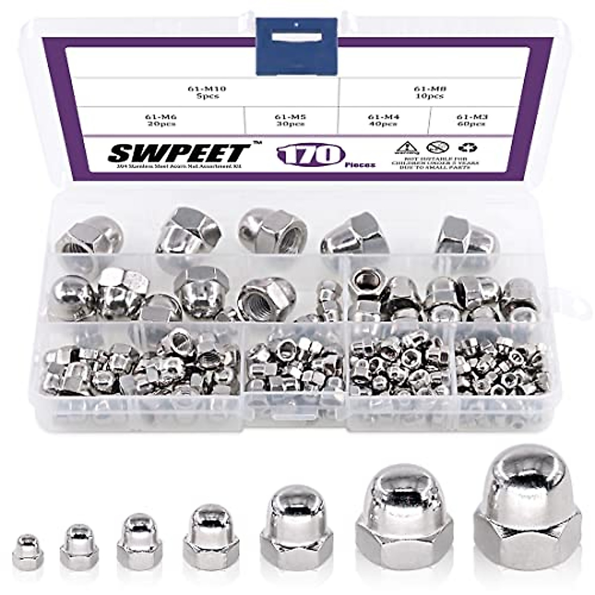 170Pcs 304 Stainless Steel Serrated Metric Acorn Cap Nuts Hex Dome Cap Assortment Kit, 7 Sizes - M3 M4 M5 M6 M8 M10 M12