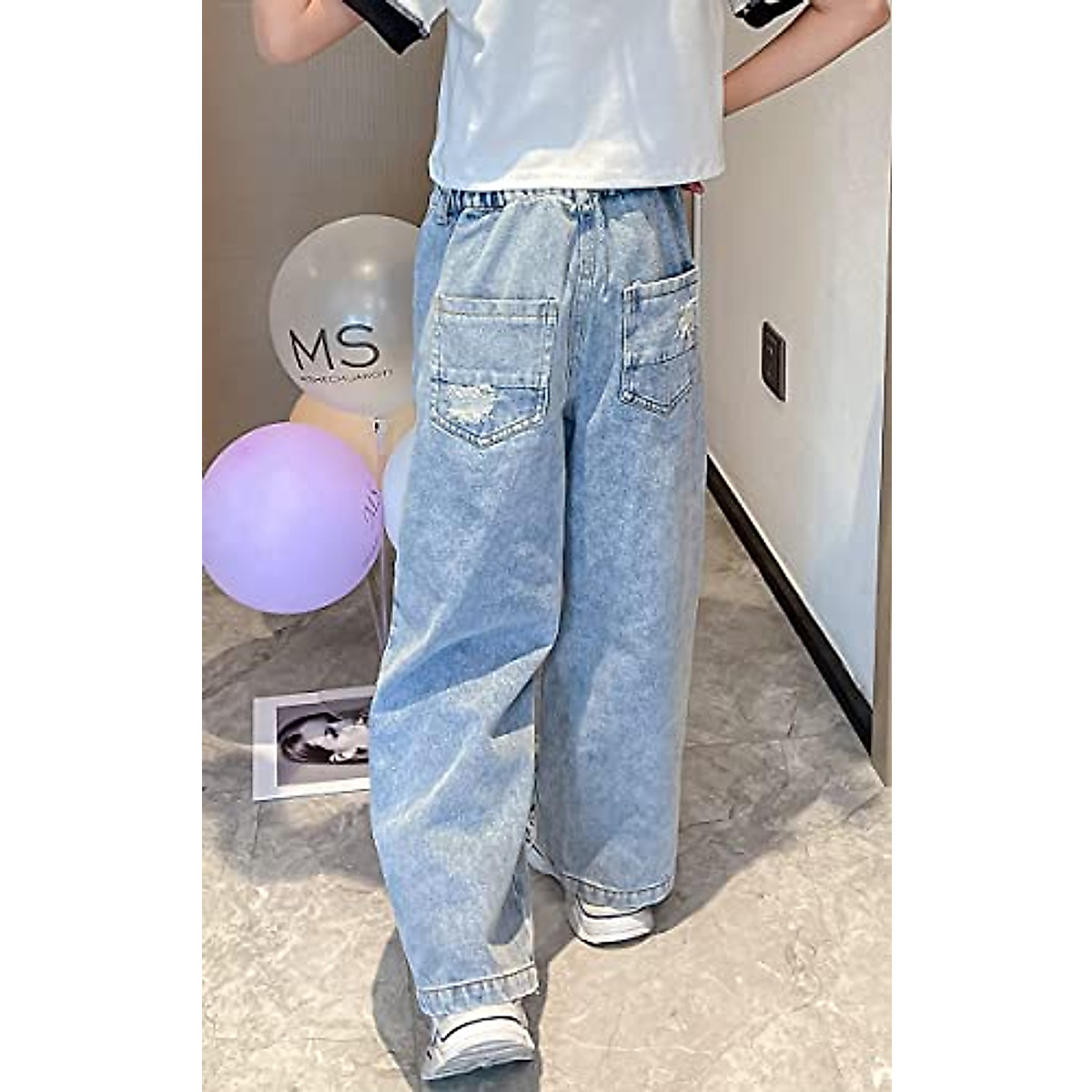 Kids Girls' Casual Wide Leg Baggy Ripped Jeans Cool Loose Fit Distressed Denim Pants Size 5-14 Years(Blue1,12-13 Years)
