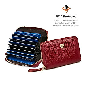 FOXLOVER Small Genuine Leather Credit Card Holders for Women, RFID Blocking Ladies Mini Card Case Women's Card Wallets with Gift Box Packing (Red)