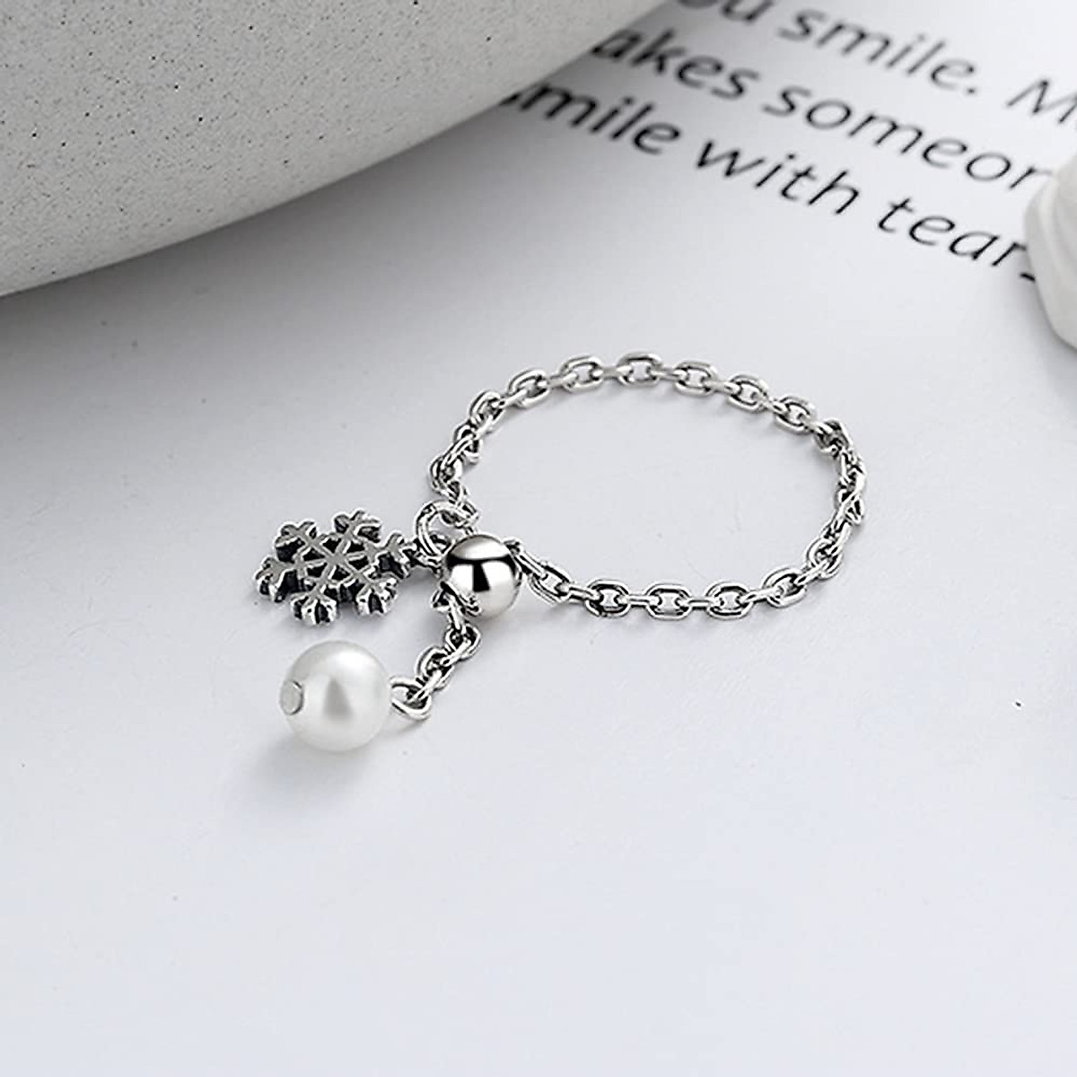 NewZenro Snowflake Pearl Flower Chain Tassel Dangle Statement Stacking Adjustable Sterling Silver Rings for Women Dainty Threader Finger Ball Bead Band Ring Gifts Xmas Daughter Bff