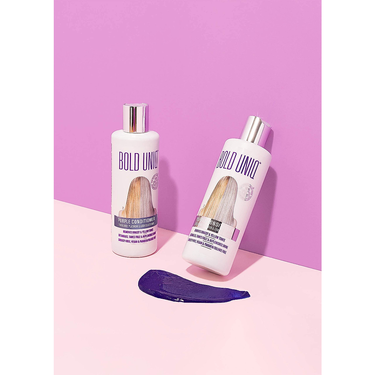 BOLD UNIQ Purple Shampoo & Conditioner Duo - Eliminates Brassy Yellow Tones. Lightens Blonde, Platinum, Ash, Silver and Grays. Paraben & Sulfate Free, Vegan and Cruelty Free.