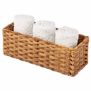 mDesign Rustic Farmhouse Woven Toilet Paper Holder Basket - Small Storage Organizer Tank Topper for Bathroom Counter or Top of Toilet - Holds 3 Rolls of Toilet Paper - Camel Brown