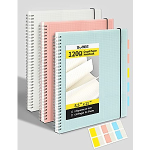 SUNEE Graph Paper Notebook - 3 Pack Large Spiral Grid Notebook, 8.5" x 11", 5 X 5mm Graph Ruled (5 sq/in), 120gsm Thick Paper, 64 Sheets, Blue, Pink, Transparent