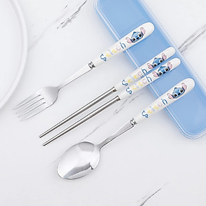 CNEISEJK Cartoon Stitch Print Portable Utensils with Case Ohana Stitch Reusable Flatware Set Chopsticks Fork Spoon Set for Travel Picnic (Stainless Steel), Middle, Blue