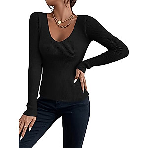 SweatyRocks Women's Casual Long Sleeve V Neck Top Solid Ribbed Knit Pullover Sweater Black S