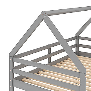 Wooden House Bunk Bed, Twin Over Twin House Bunk Bed with Ladder, Girls Boys House Bunk Bed Frame, Floor Twin Toddler Bunk Bed Twin Size for Kids, Teens, Grey