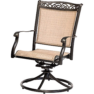 Hanover Fontana 5-Piece Outdoor Dining Set with Tan PVC Sling Swivel Rocker Chairs and 47" Round Glass-Top Outdoor Table, Patio Dining Set for 4, Weather Resistant Patio Furniture for Backyard & Deck