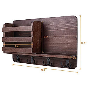 PAG Hanging Mail Organizer Entryway Wood Floating Shelf Accessories Storage Holder Rack with 4 Double Hooks, Brown