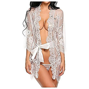 Qopobobo Sexy Lengerie for Women Naughty Women's Lace Kimono Robe Long Sleeve Mesh Lingerie Nightgown Dress with Belt