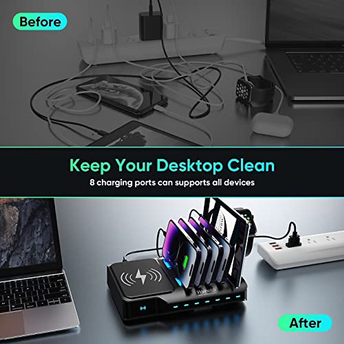 Charging Station Organizer for Multiple Devices，Welnotti 7-Ports USB Fast Charger Ports Wireless Charge Compatible with Cell Phone,iPad,iWatch,Tablets,for Home (Black)