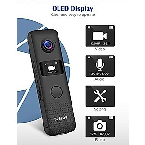 BOBLOV C18 WiFi Small Body Camera, 32GB Outdoor Mini Camera, 1296P Mini Body Worn Camera with OLED Screen, 3.5 Hours 1080P Recording Support WiFi, One Big Button for Recording (Built-in 32G)