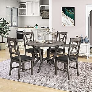 Harper & Bright Designs Mid-Century 5-Piece Dining Table Set, Wooden Round Dining Table with Cross Legs and 4 Upholstered Chairs, Dining Room Kitchen Table Chairs Set, Gray