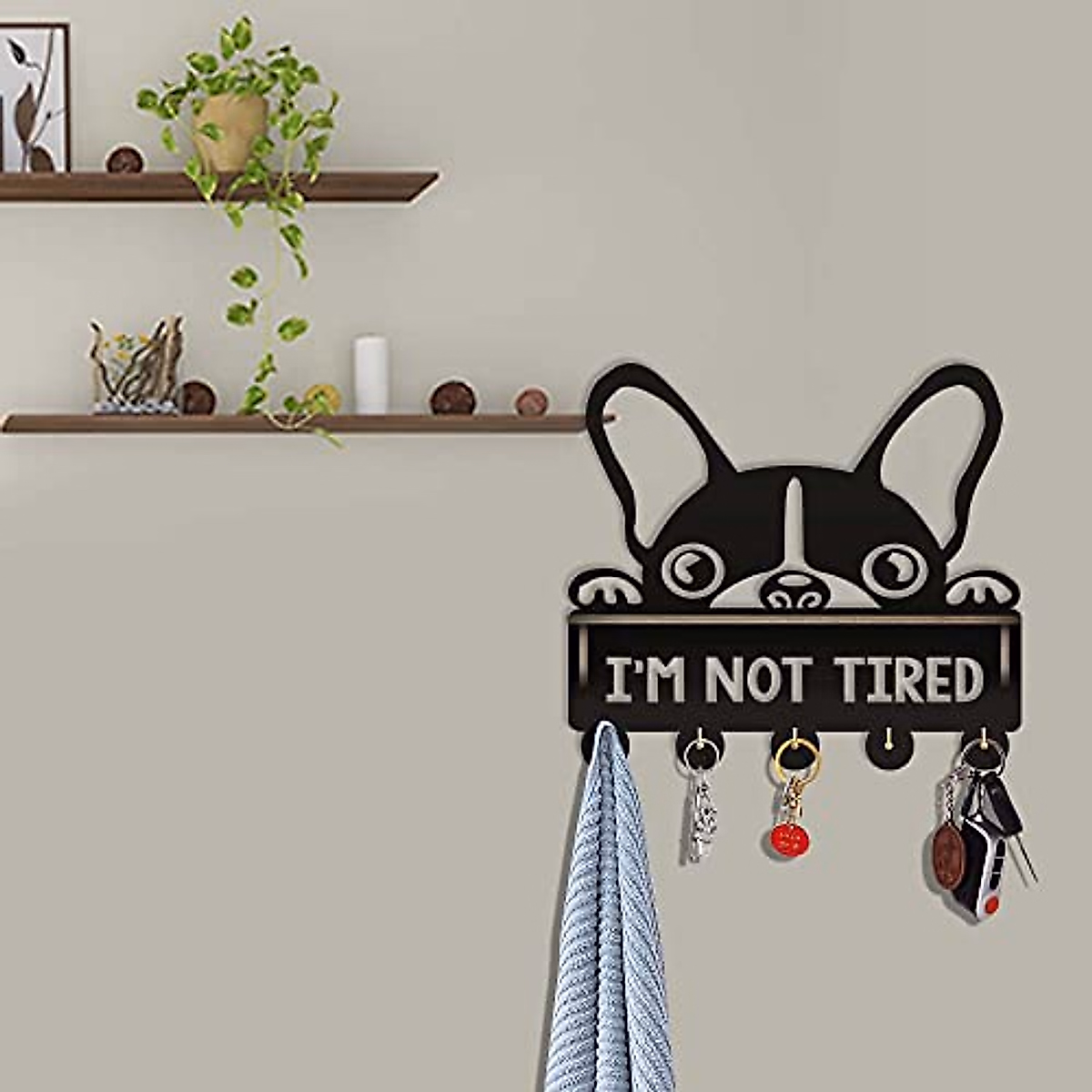 The Geeky Days Dog Puppy Key Holder for Wall, Boston Terrier I am Not Tired Wood Wall Mounted Hat Coat Rack with Mail Medal Organizer Shelf, 5 Metal Hooks Hanger, for Closet Door Hanging