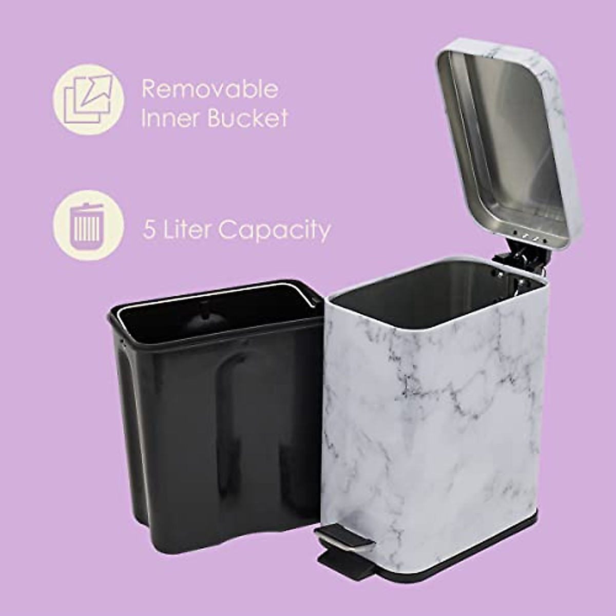 Home Basics Faux Marble 5 Liter Rectangle Step Waste Bin, White | Removable Liner | Steel | Unique Slim Design