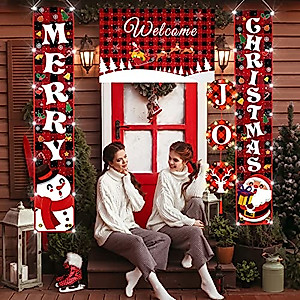 4 Pcs Christmas Holiday Door Banner with String Light Red Black Buffalo Plaid Outside Xmas Decorations Welcome Joy Merry Christmas Banner Lights Hanging Winter Porch Decorations Indoor Outdoor Party