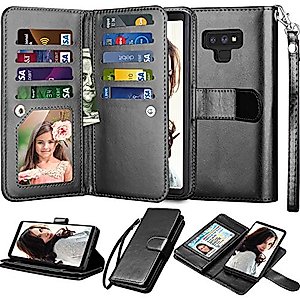 NJJEX for Galaxy Note 9 Wallet Case, for Note 9 Case, Luxury PU Leather [9 Card Slots] ID Credit Folio Flip Cover [Detachable][Kickstand] Magnetic Phone Case & Wrist Strap for Samsung Note 9 [Black]