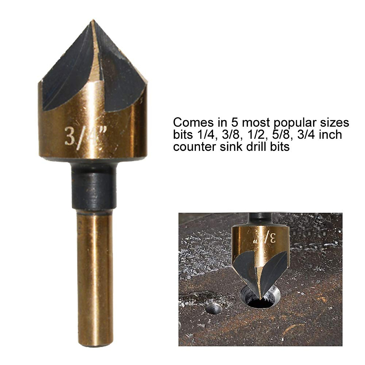 CALIDAKA 5 Pieces Countersink Drill Bit Set,High Speed Steel 82 Degree 5 Flute in Sizes 1/4, 3/8, 1/2, 5/8, 3/4 Inch Counter Sink Drill Bits with Carrying Case