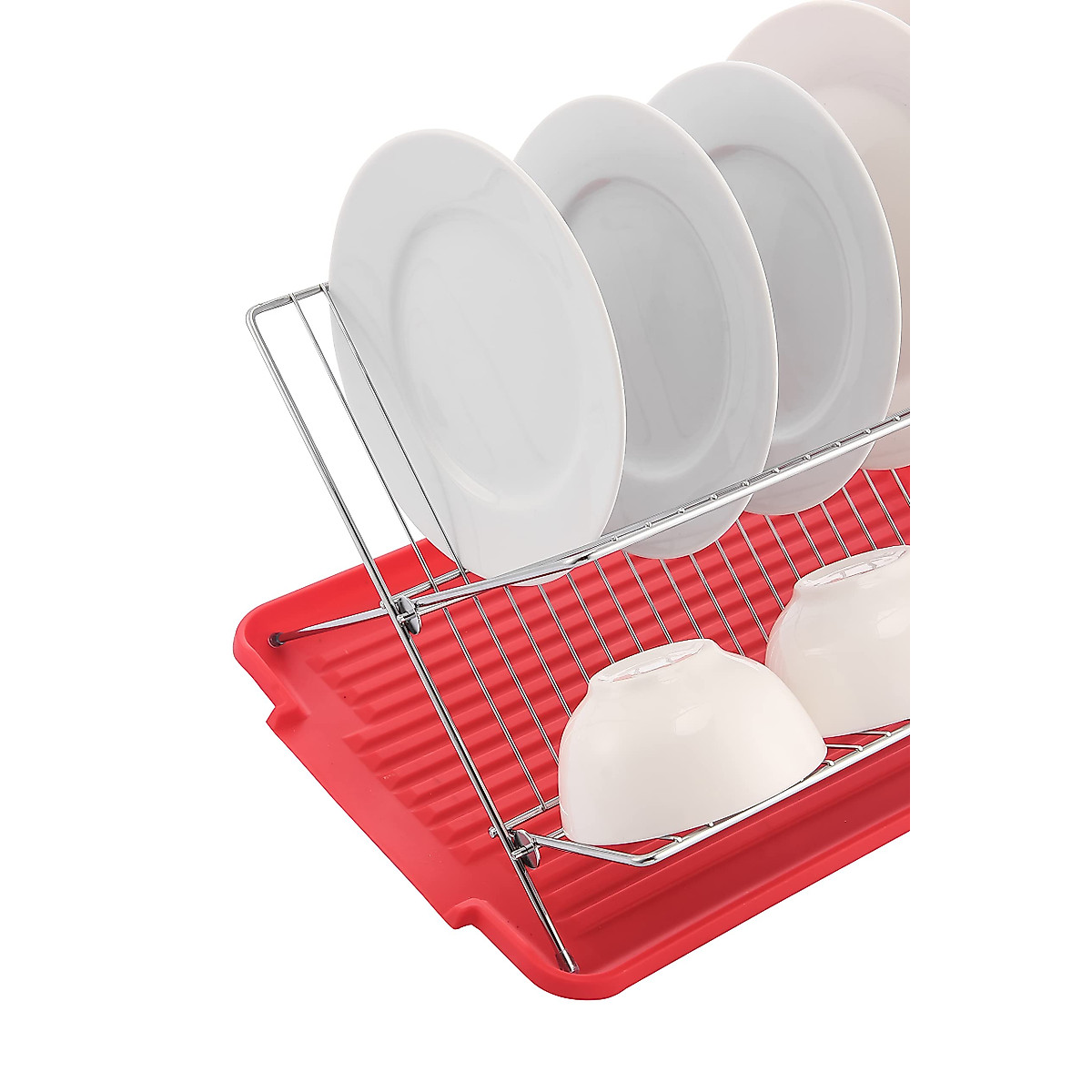 J&V TEXTILES Foldable Dish Drying Rack with Drainboard, Stainless Steel 2 Tier Dish Drainer Rack, Collapsible Dish Drainer, Folding Dish Rack for Kitchen Sink, Countertop, Cutlery, Plates (Red)