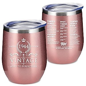 80th Birthday Gifts for Women and Men - 1944 80th Birthday Decorations - 12 Oz Insulated Stainless Steel Wine Tumbler with Lid for Her Wife Mom Grandma Aunt Friend, Rose Gold