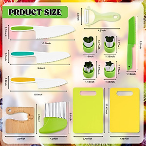 Montessori Kids Knives for Real Cooking, 13 Pieces Wooden Kids Kitchen Knife Set Include 4 Serrated Edges Plastic Toddler Knife,Crinkle Cutter Y Peeler Cutting Boards and Wood Toddler Safe Knife